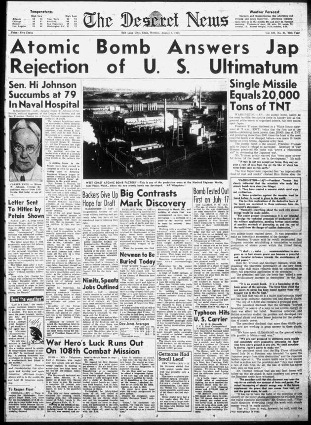 Deseret News archives: Atomic bomb dropped on this day in 1945 has Utah ...